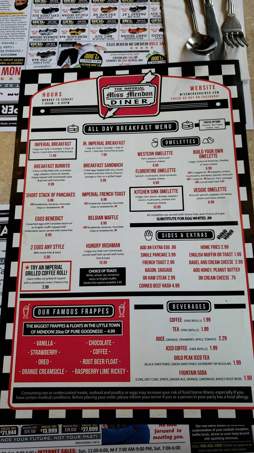 Menu at Miss Mendon Diner restaurant, Mendon