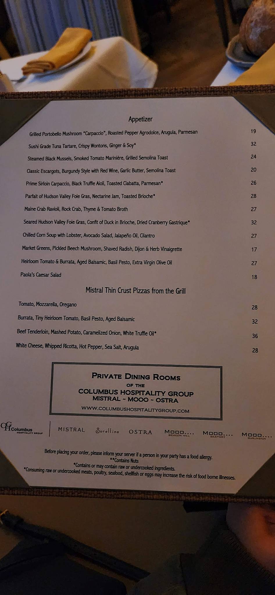 Menu at Mistral restaurant, Boston