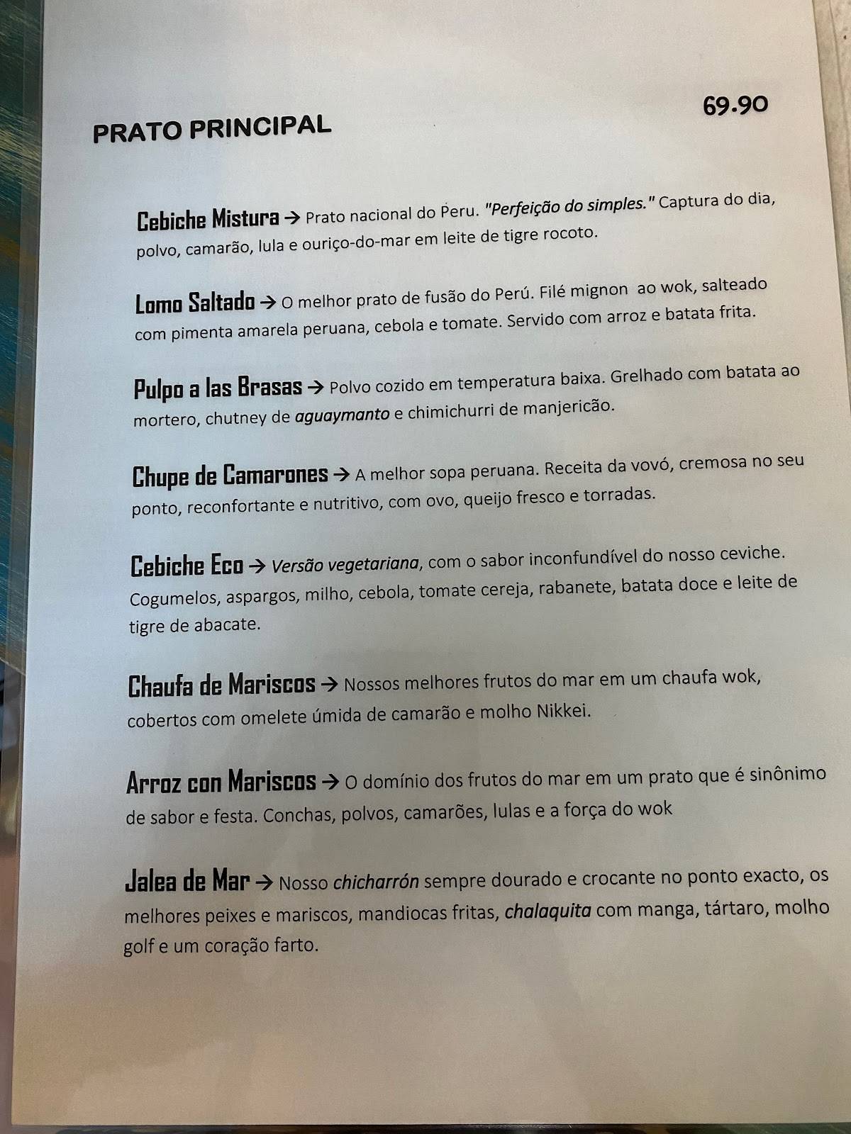 Menu at Mistura - Gastronomia Peruana restaurant, São Paulo
