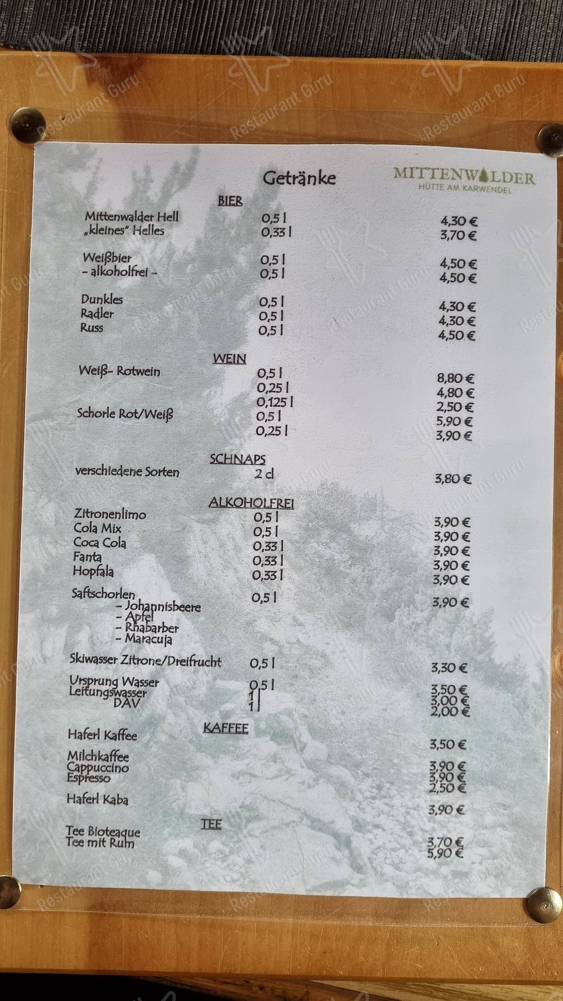 Speisekarte von Mittenwalder Hütte, Mittenwald