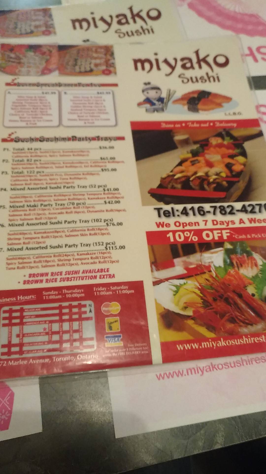 Menu at Miyako Sushi restaurant, Toronto, 572 Marlee Ave
