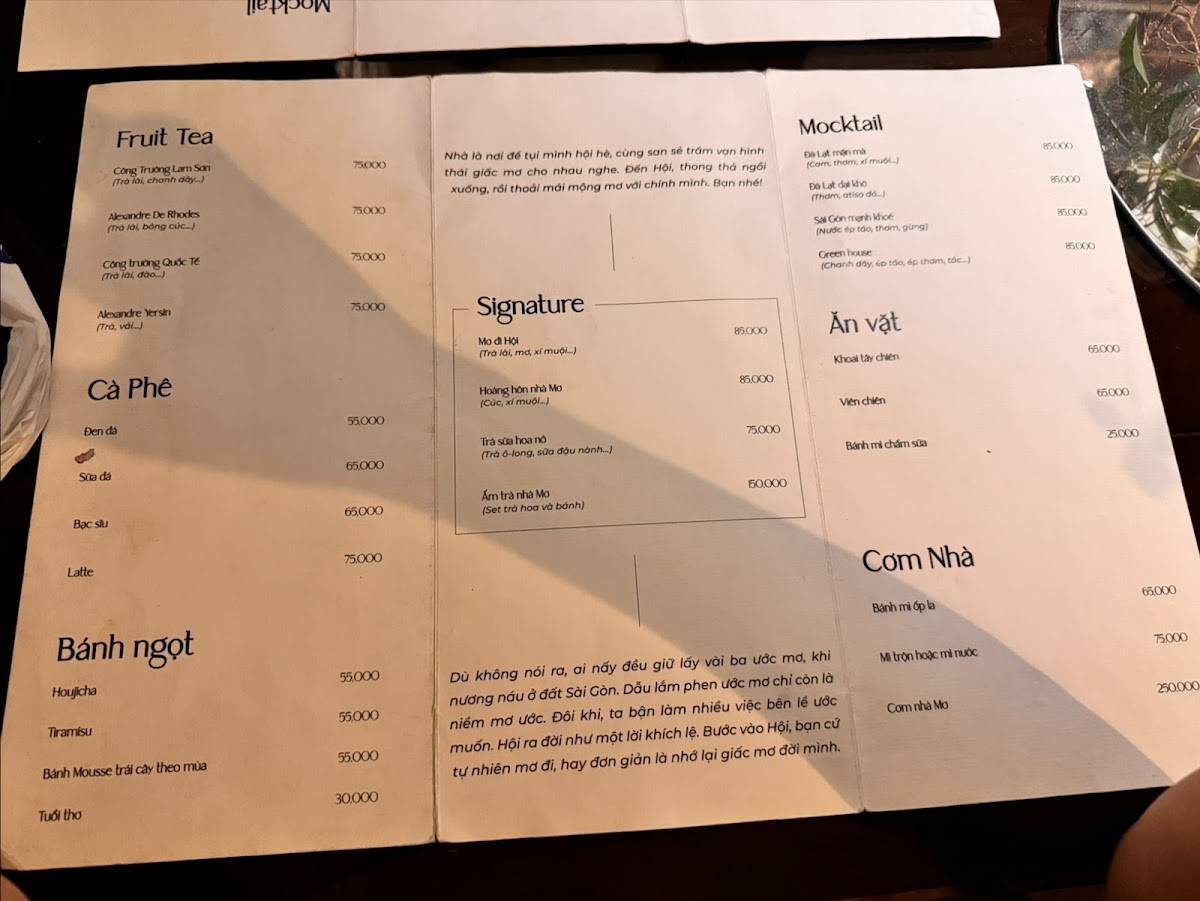 Menu at Mơ Đi Hội restaurant, Ho Chi Minh City