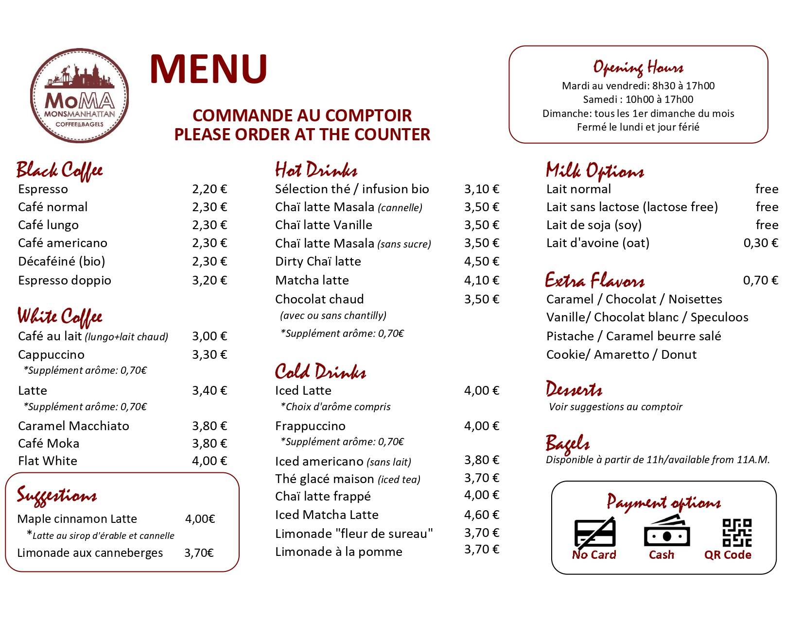 Menu au MoMA Coffee, Mons