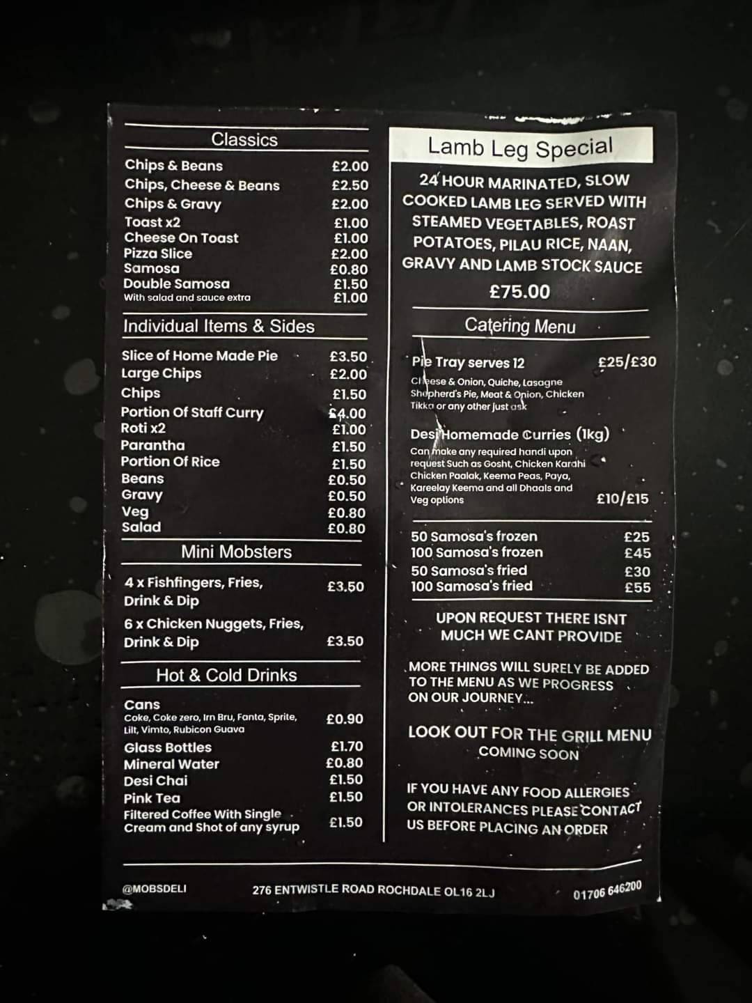 Menu at Mobs Deli, Rochdale