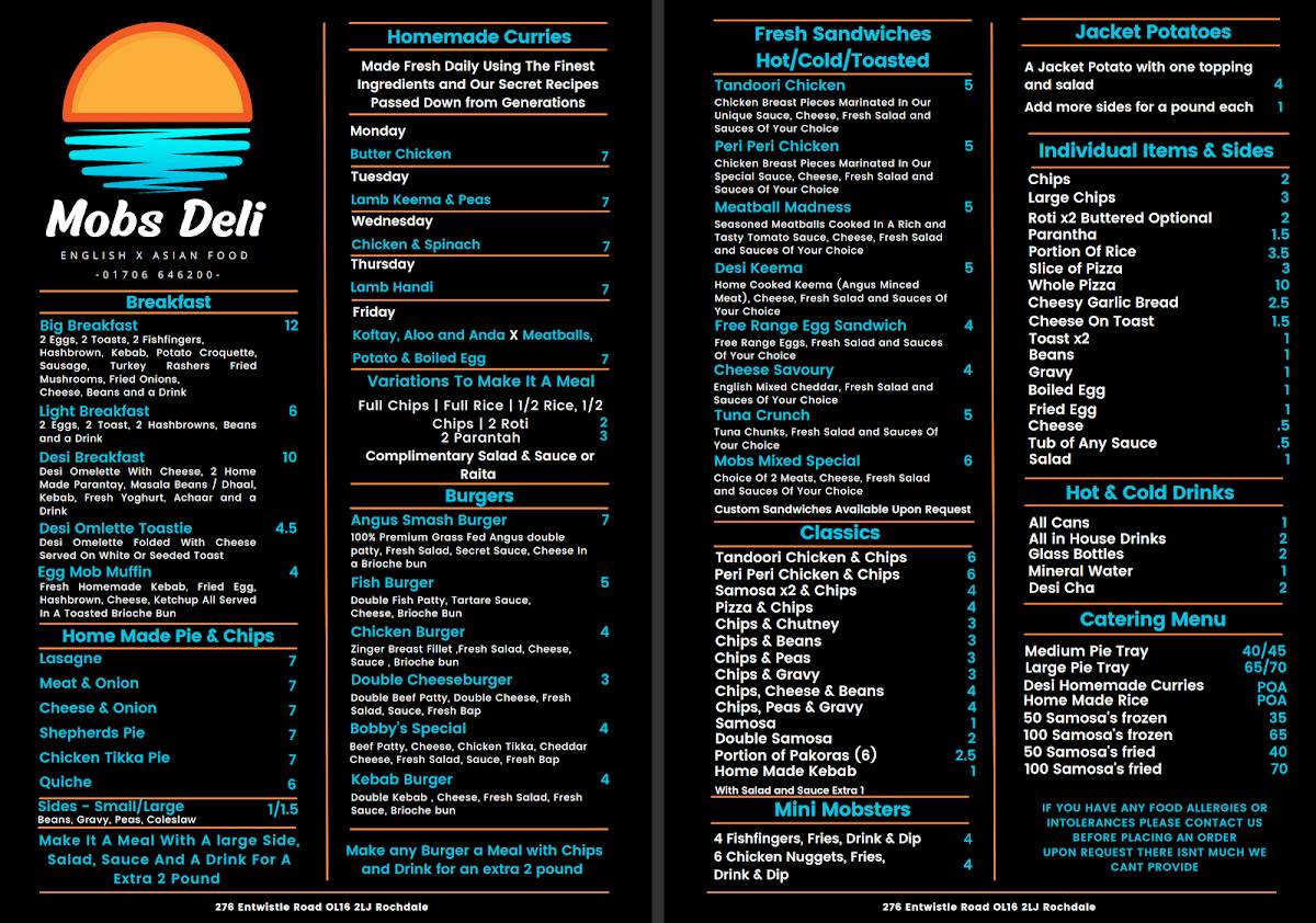 Menu at Mobs Deli, Rochdale