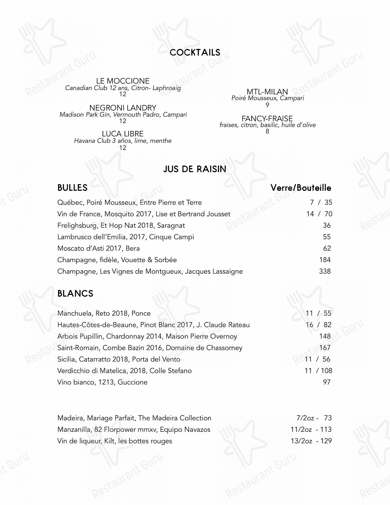 Menu au Restaurant Moccione, Montréal