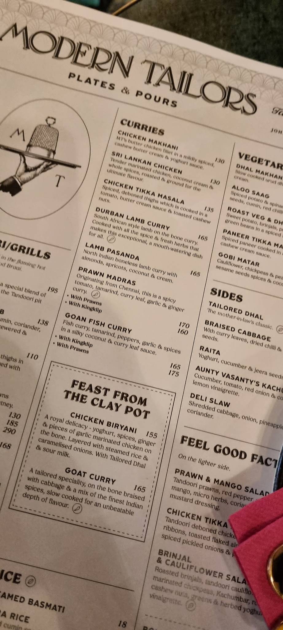 Menu at Modern Tailors restaurant, Johannesburg