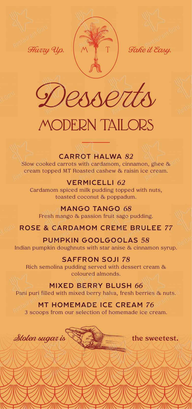Menu at Modern Tailors restaurant, Johannesburg, 189 Oxford Rd