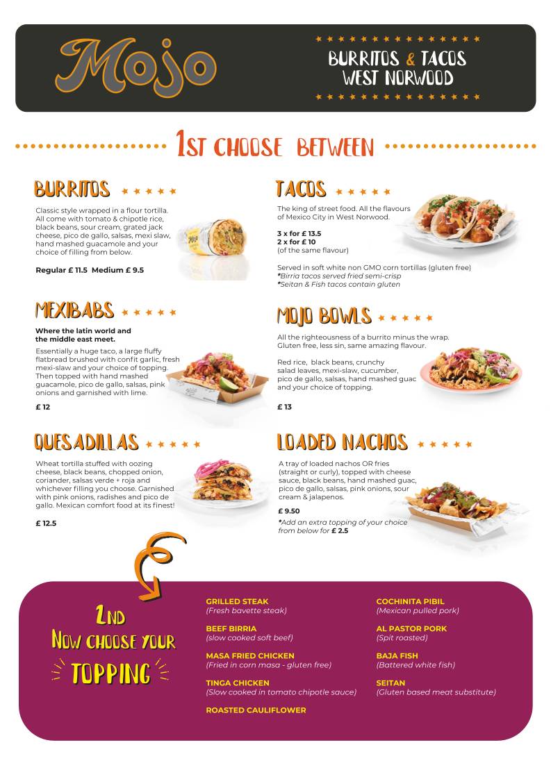 Menu at Mojo - Burritos & Tacos restaurant, London