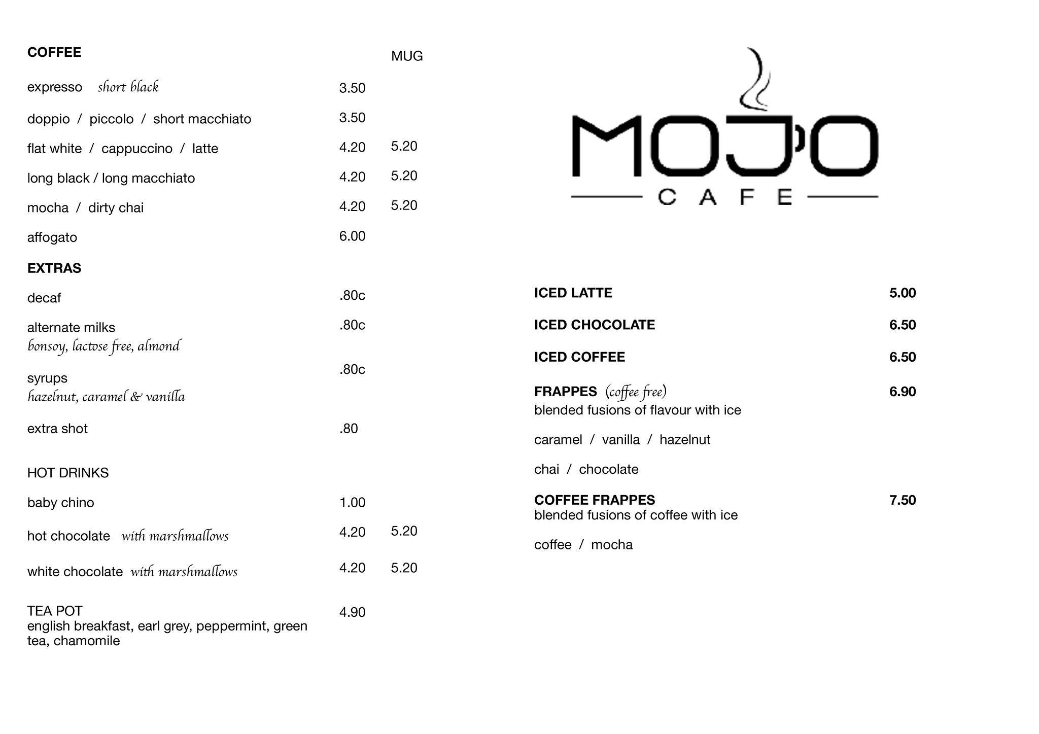 Menu at Mojo Cafe Newmarket, Brisbane City