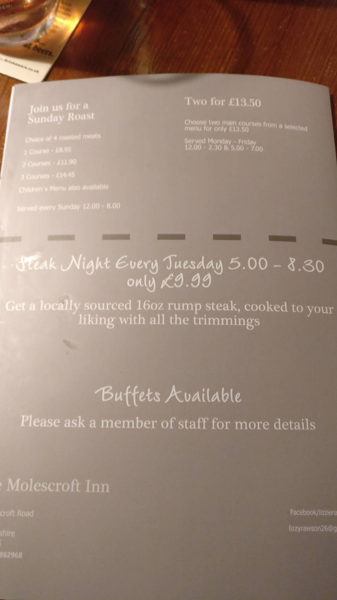 Menu at Molescroft Inn pub & bar, Beverley, 75 Molescroft Rd