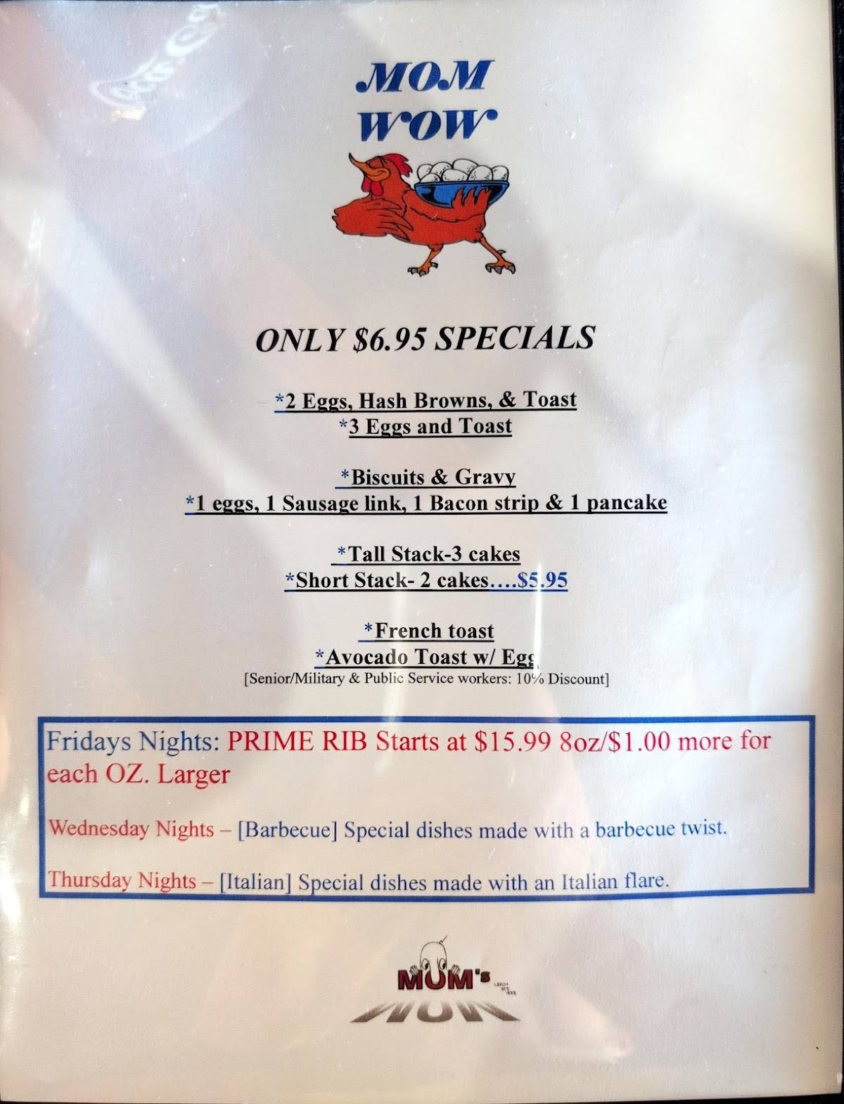 Menu at Mom's Restaurant, Kearns
