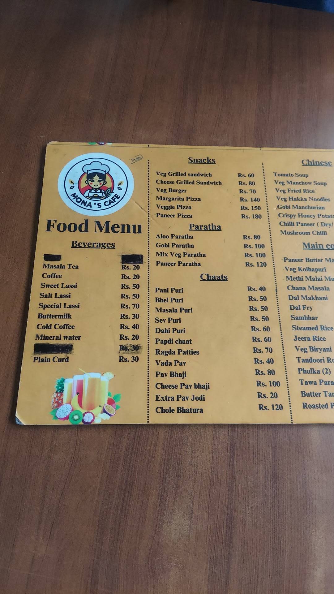 Menu at Mona’s Cafe, Bengaluru