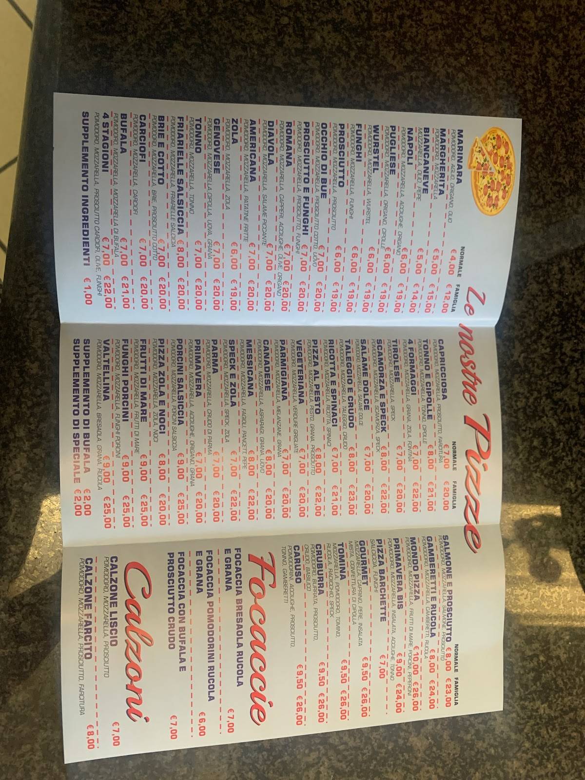 Menu at Mondo Pizza restaurant, Veniano
