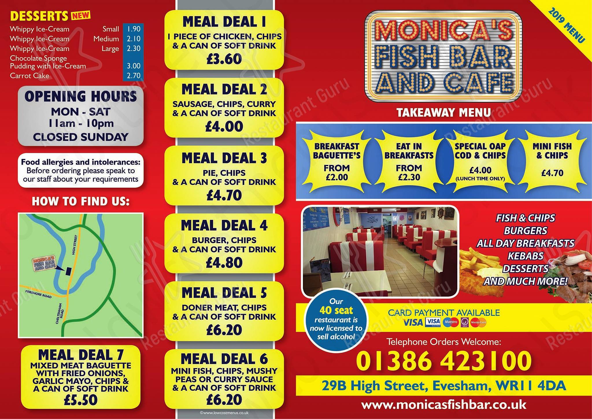 Menu at Monica's Fish Bar & Cafe, Evesham