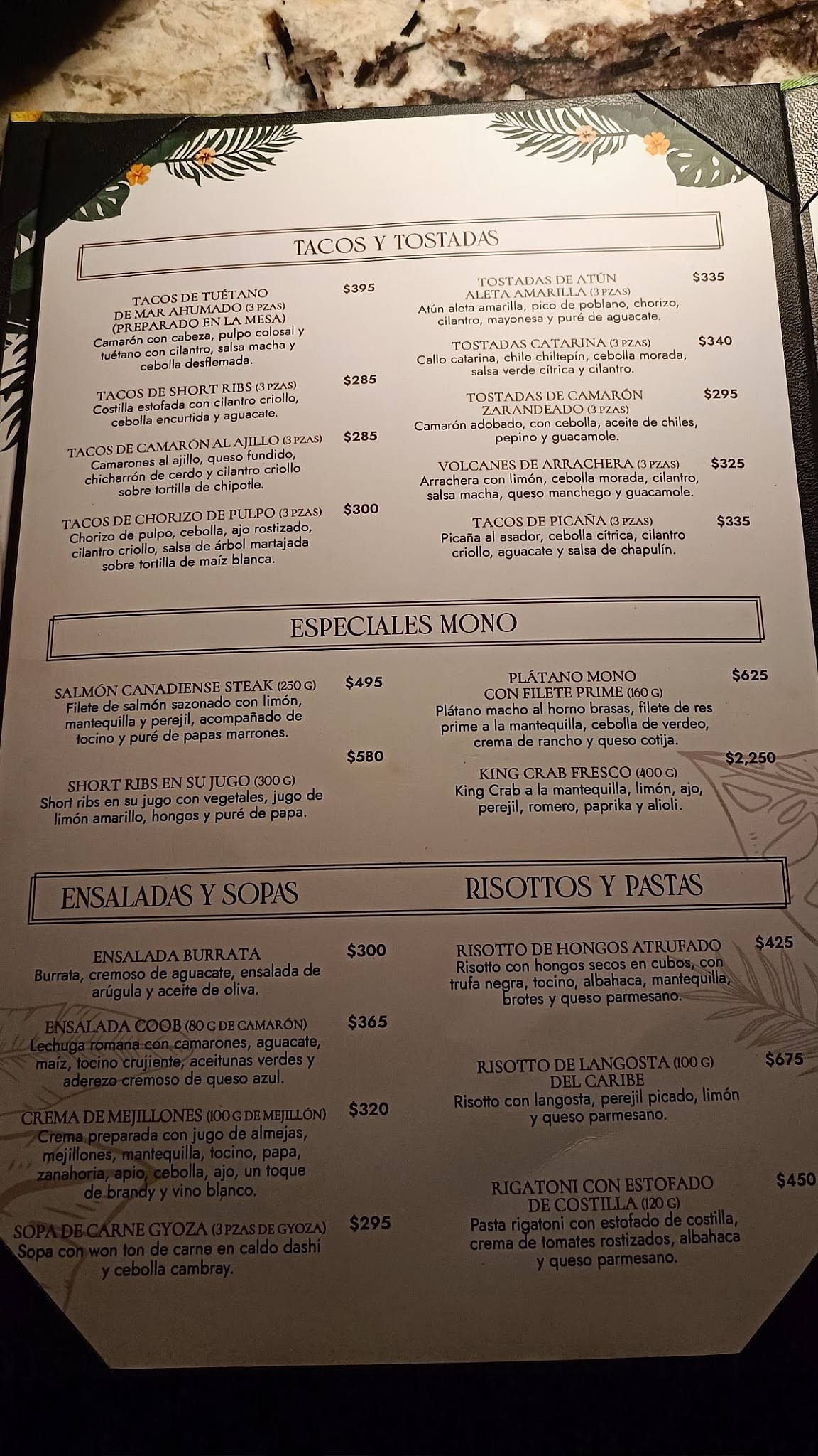Carta de Mono Restaurant Cancun, Cancún