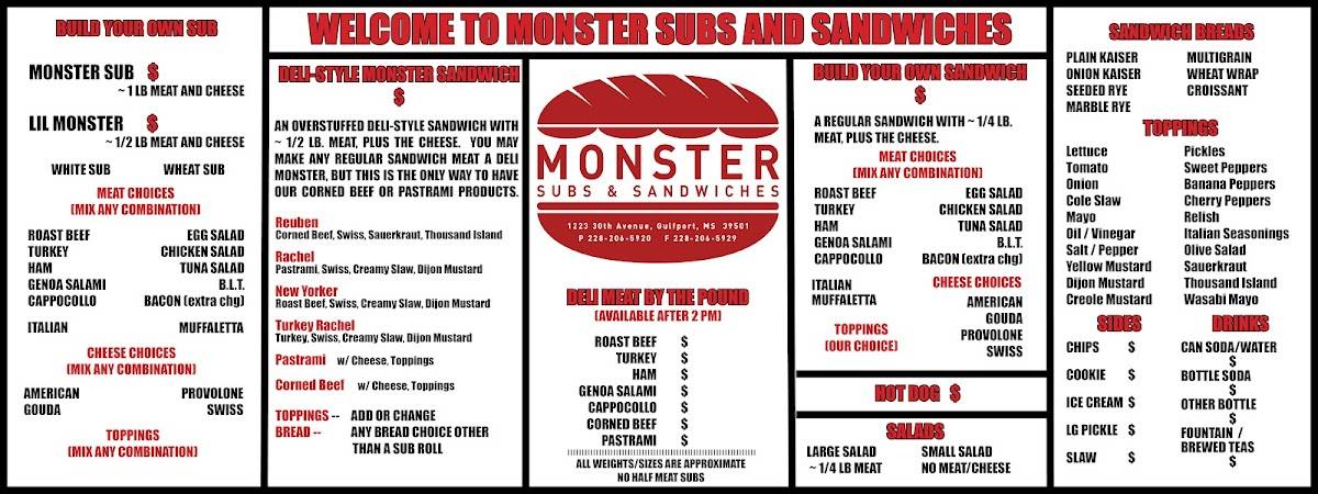 Menu at Monster Subs & Sandwiches fast food, Gulfport