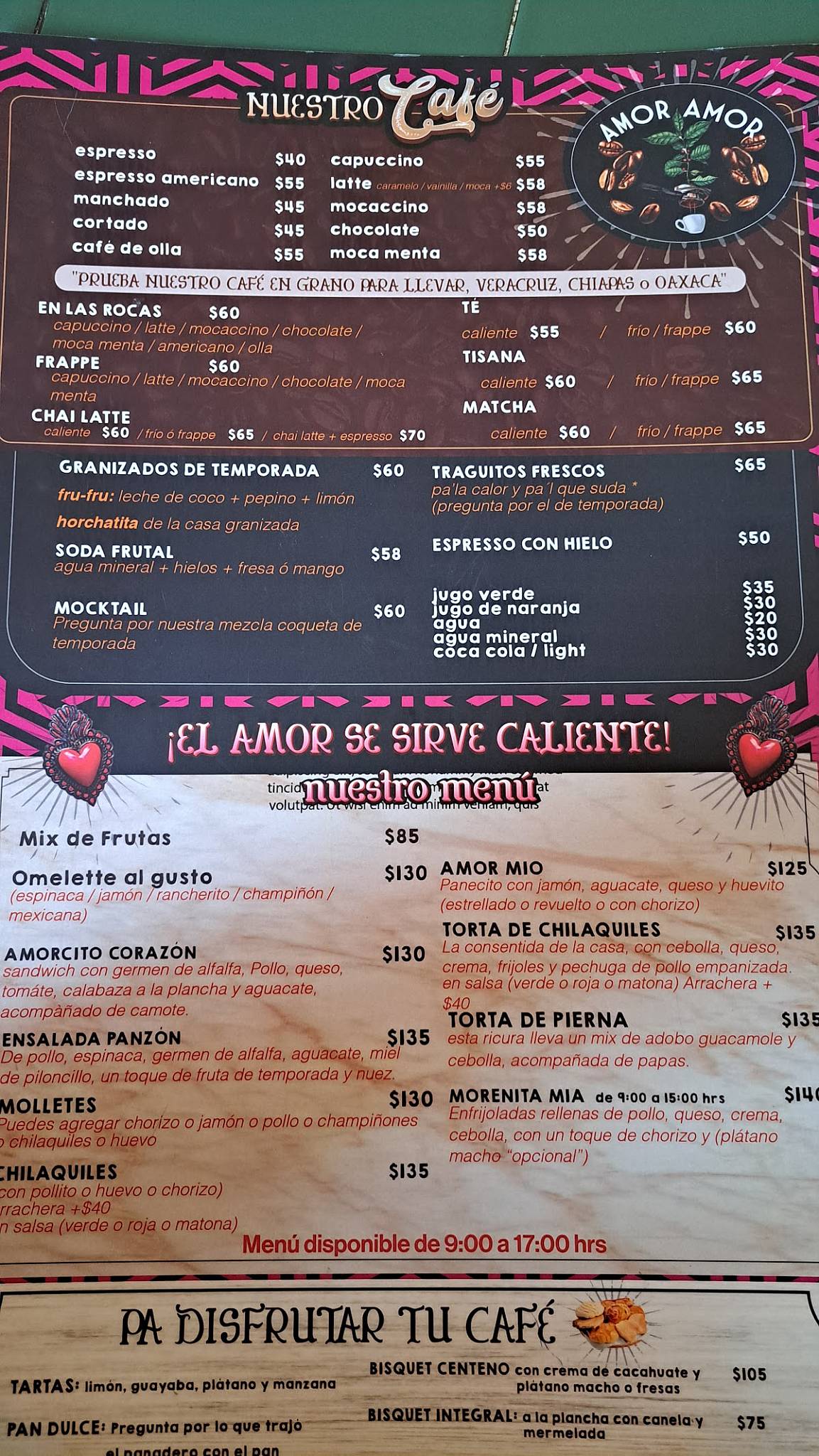 Menu at Amor Amor Café, Monterrey