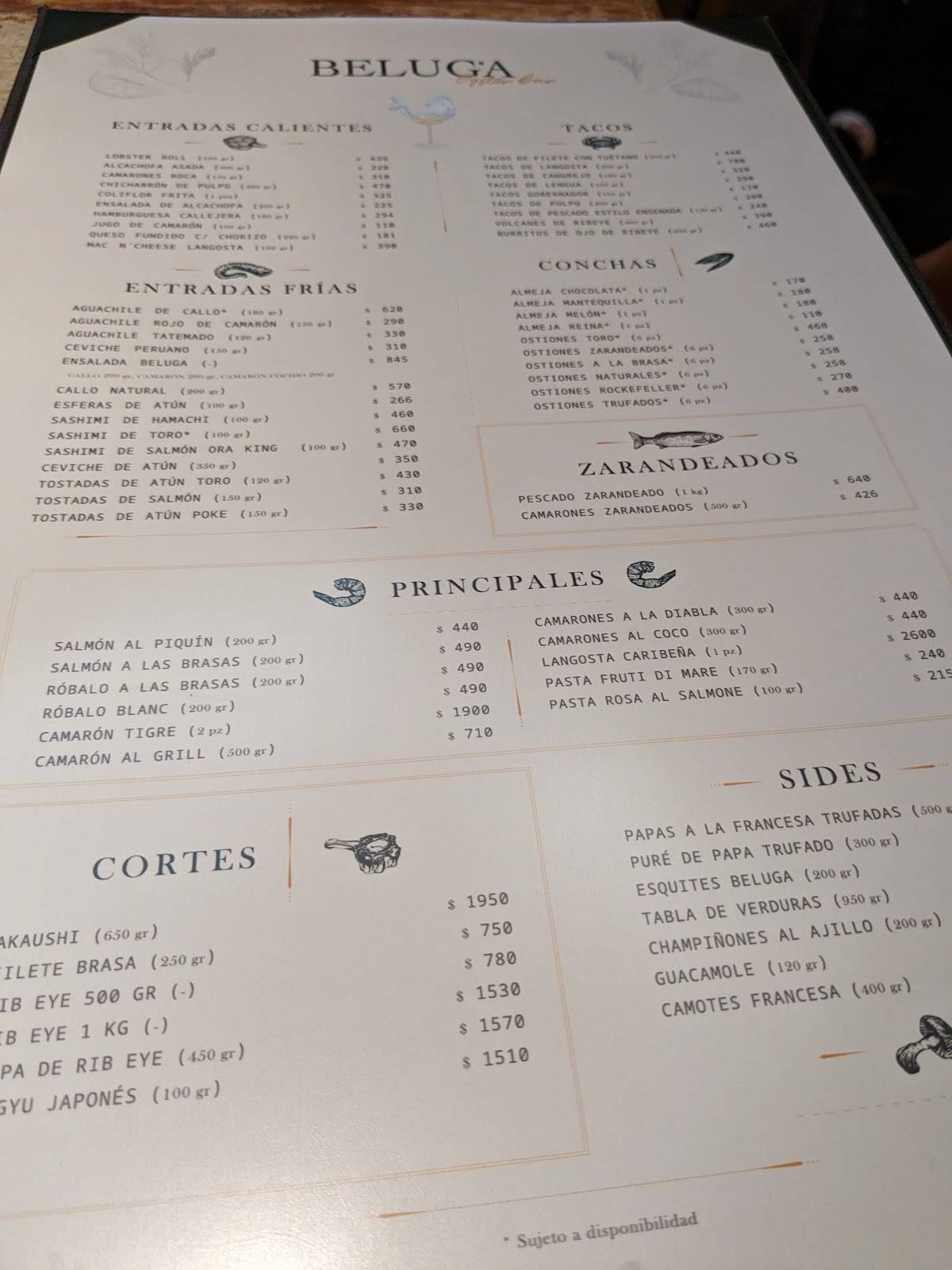 Carta del restaurante Beluga, Monterrey