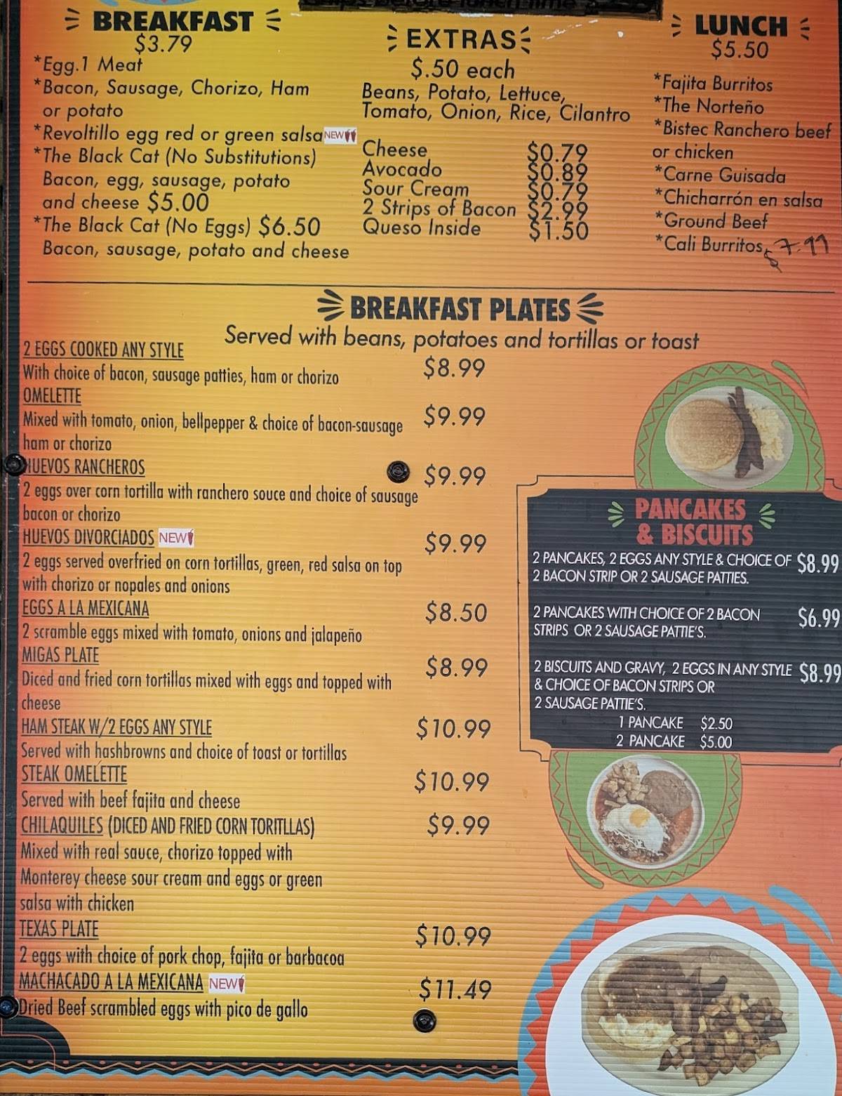 Menu at Montes Burritos restaurant, Mexia