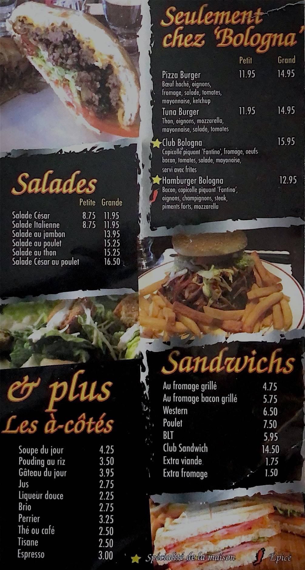 Menu au Pizzeria Da Bologna (apportez votre vin!), Montréal