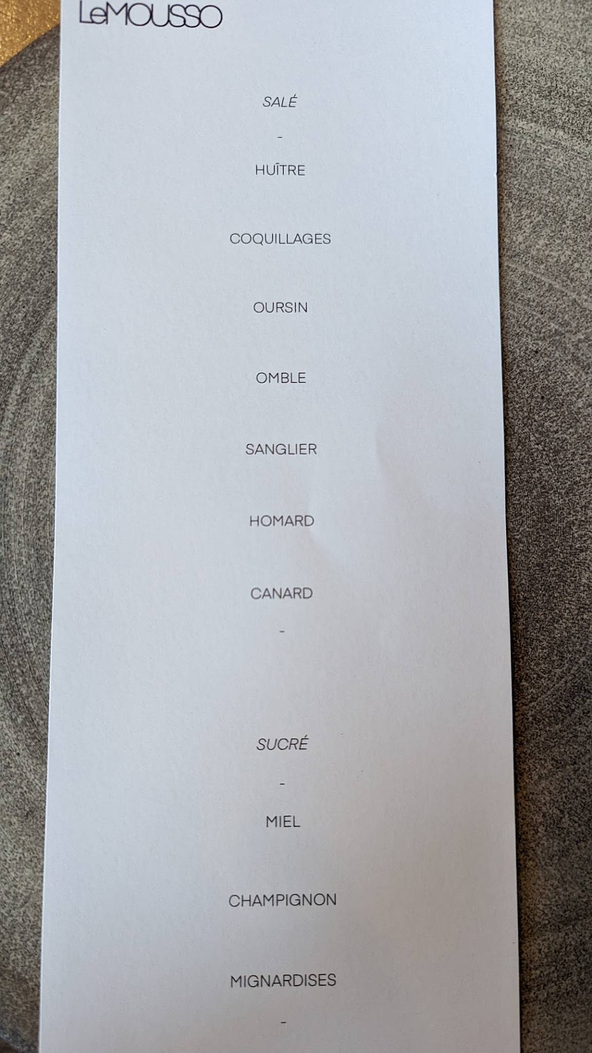 Menu at Le Mousso restaurant, Montréal, Ontario St E