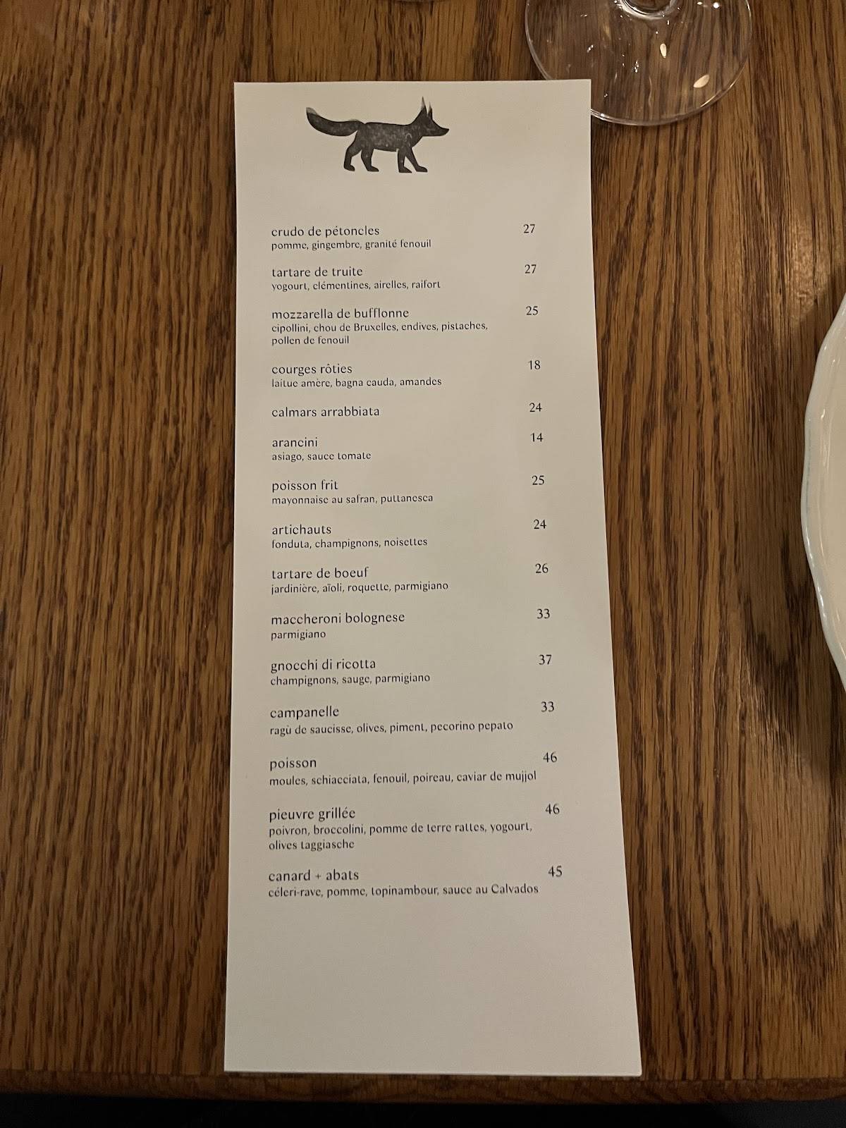 Menu au Restaurant Moccione, Montréal