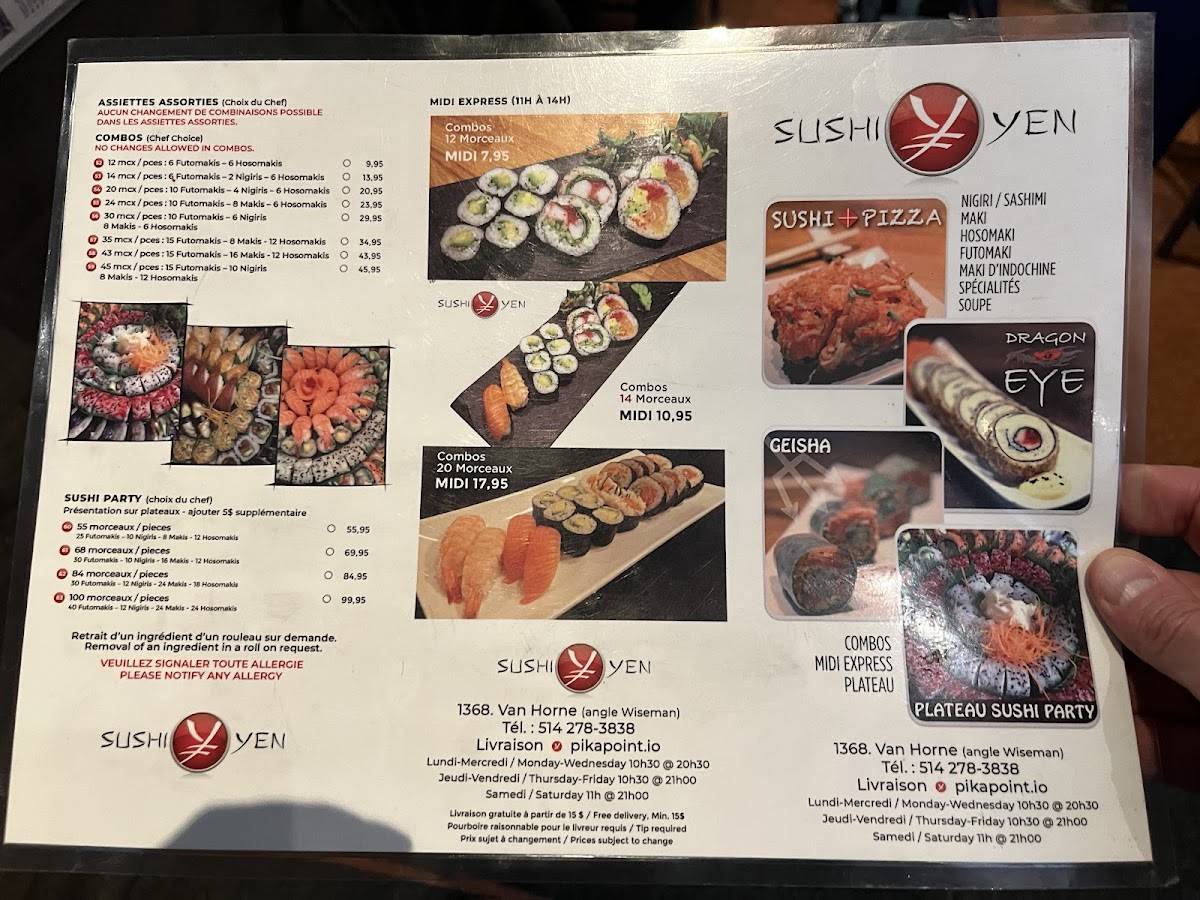 Menu at Sushi Yen restaurant, Montréal, Ave Van Horne