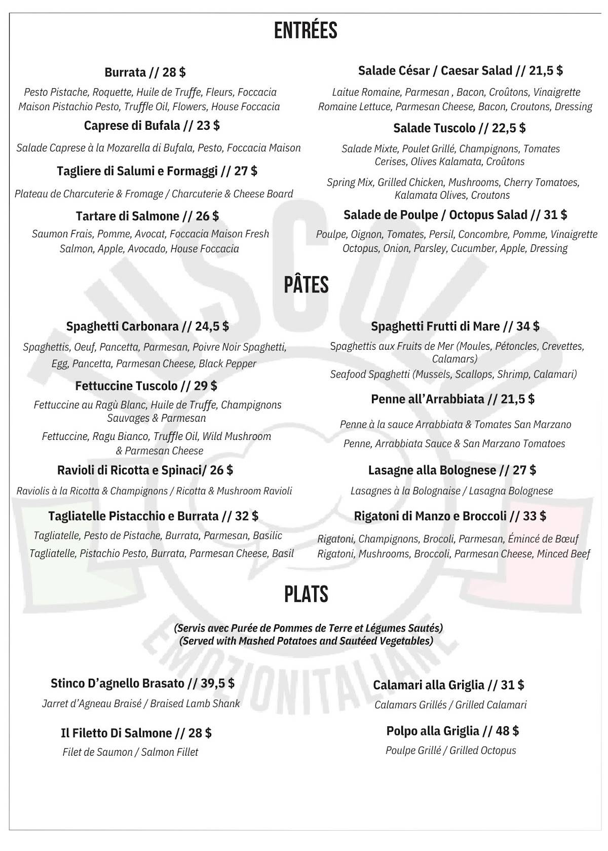 Menu at Tuscolo restaurant, Montréal
