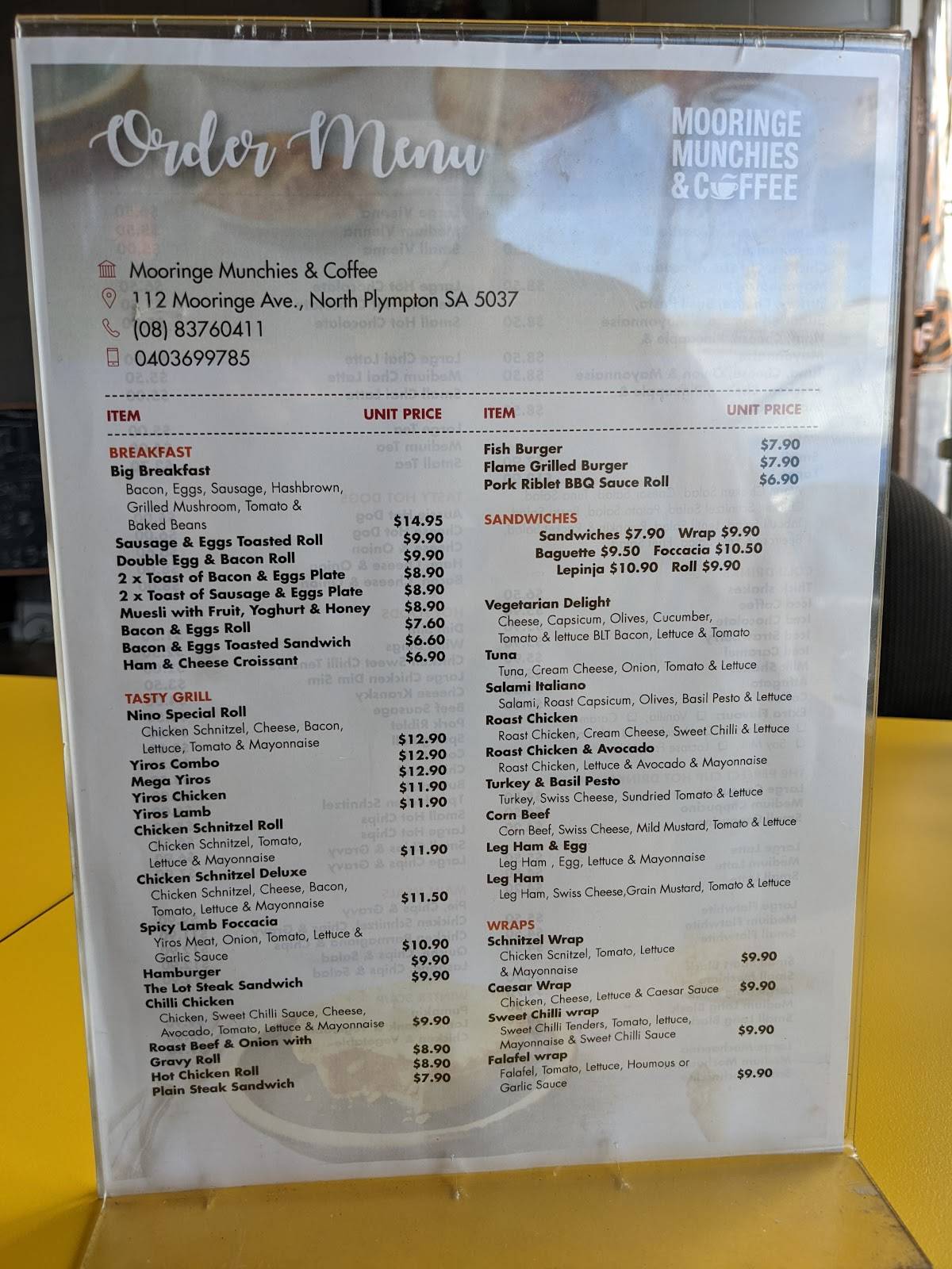 Menu at Mooringe Munchies fast food, North Plympton