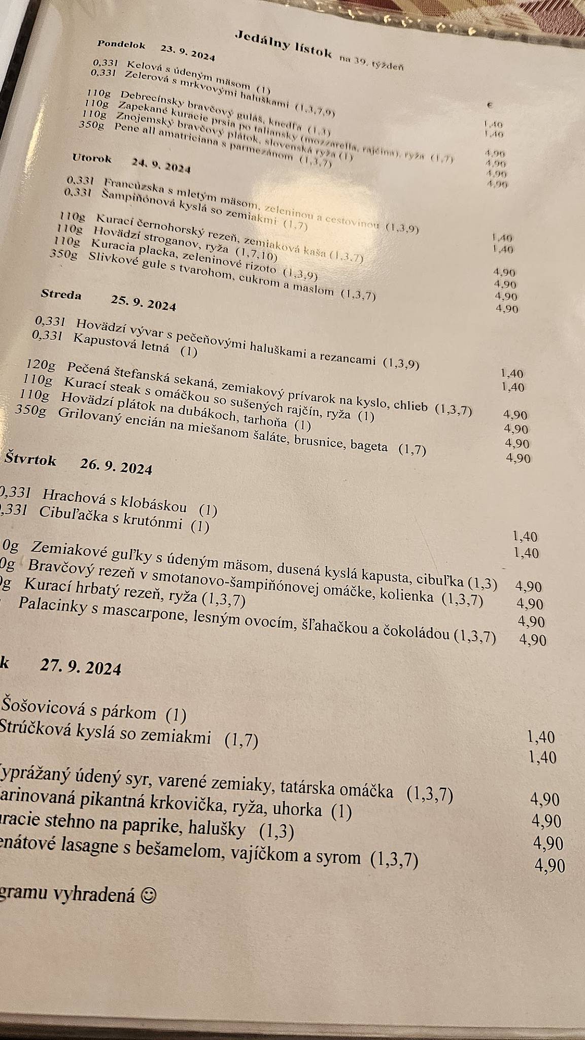Menu at Motorest Žemberov Dom restaurant, Trenčín, Gen. M. R. Štefánika 440