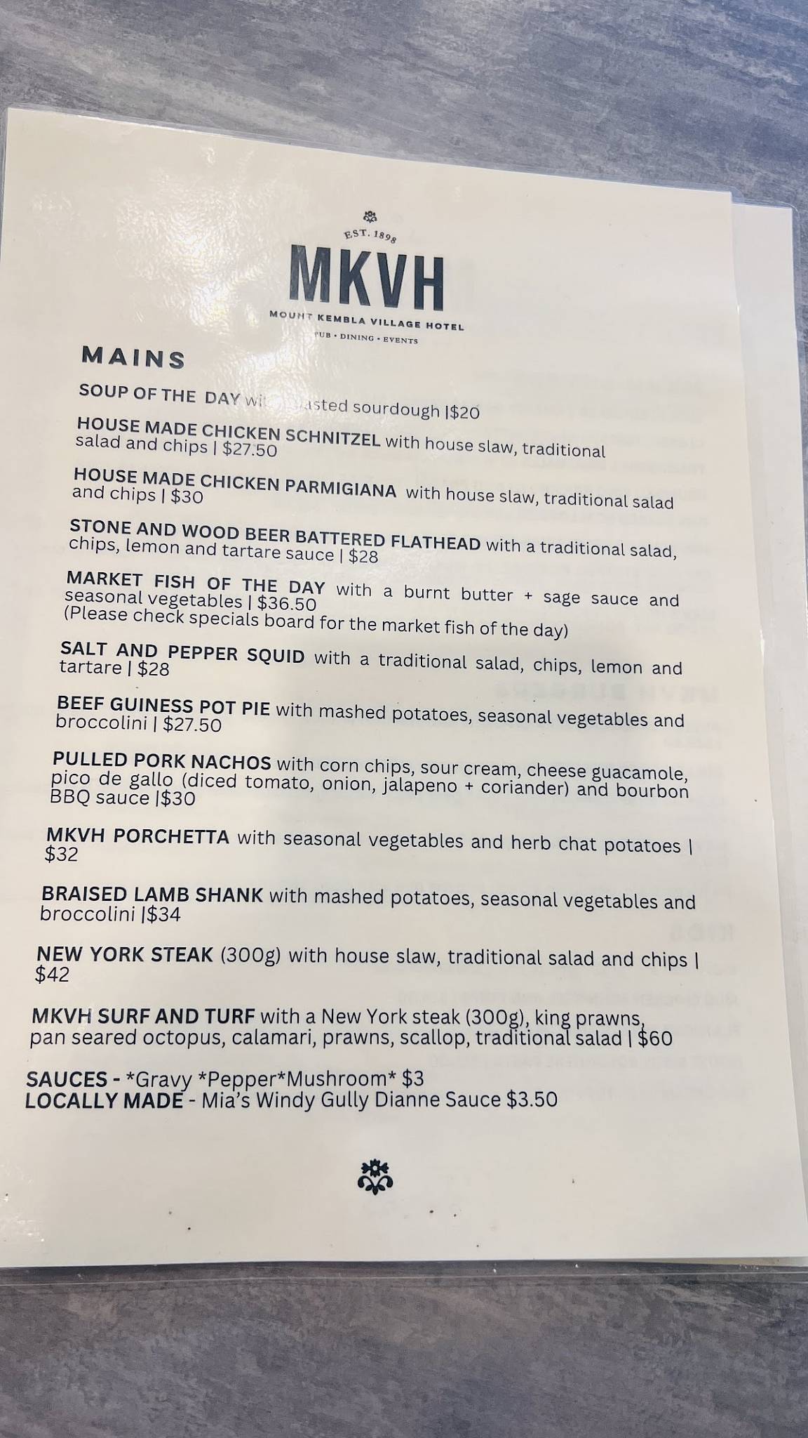 Menu at Mount Kembla Village Hotel pub & bar, Mount Kembla