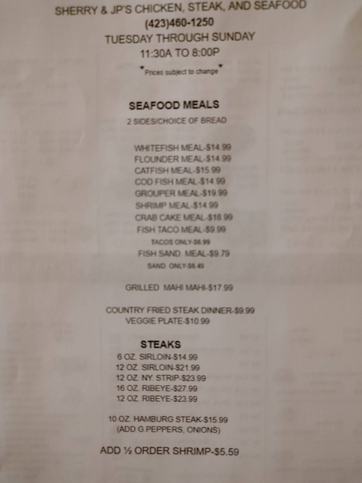 Menu at Sherry & JP's Chicken House restaurant, Mountain City, 693 S ...