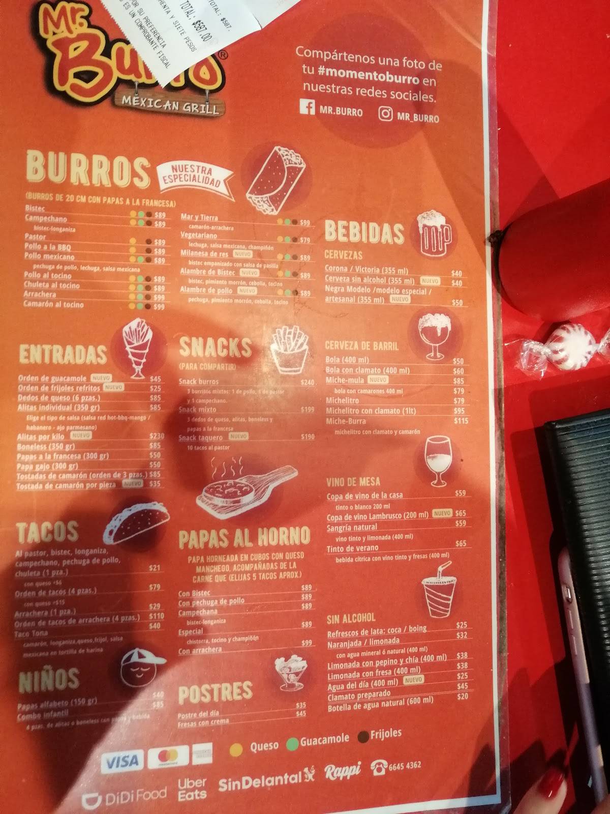 Carta del restaurante Mr. Burro, Ciudad López Mateos, Av. Tamaulipas 127