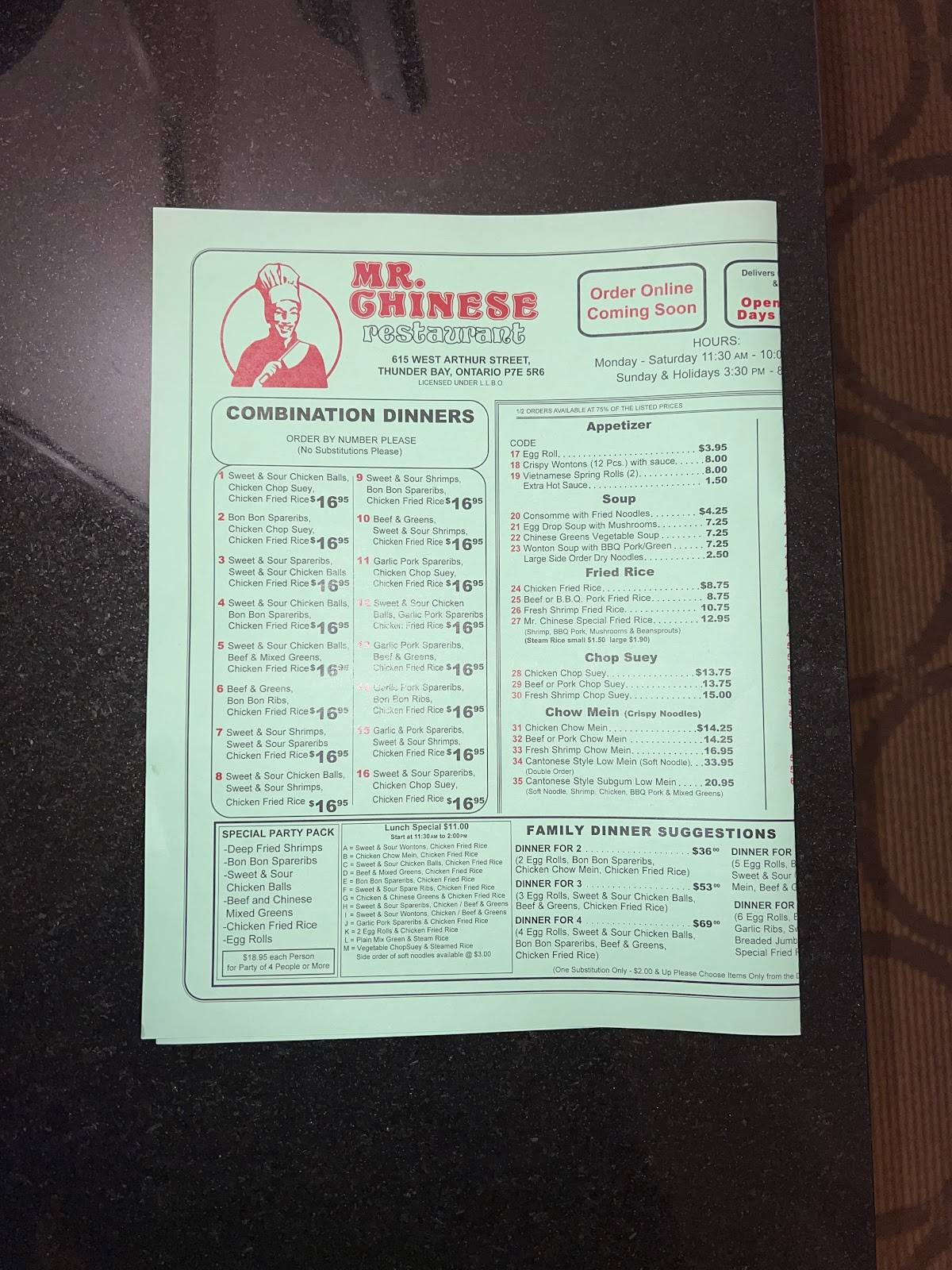 Menu at Mr. Chinese restaurant, Thunder Bay