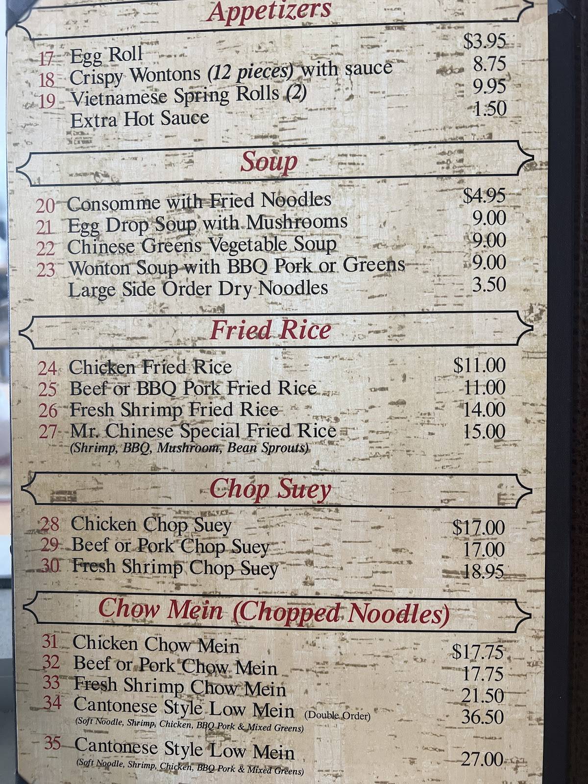 Menu at Mr. Chinese restaurant, Thunder Bay