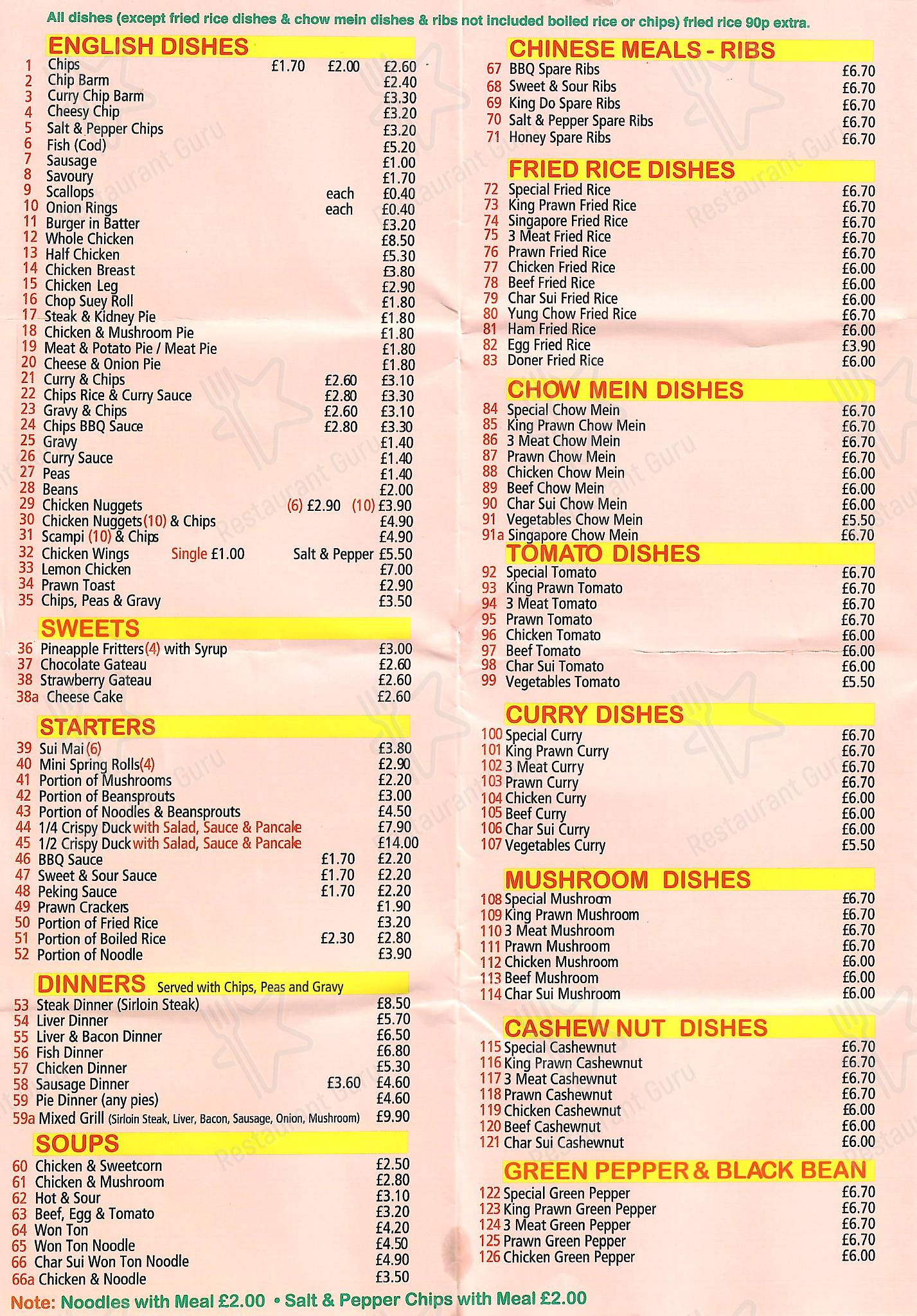 Menu at Mr Chips fast food, Bootle, 72 Park Ln