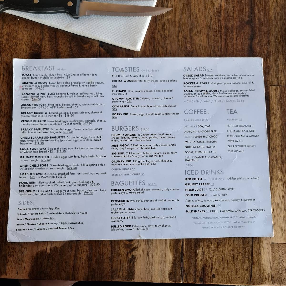 Menu at Mr Grumpy's Cafe, Mulgrave