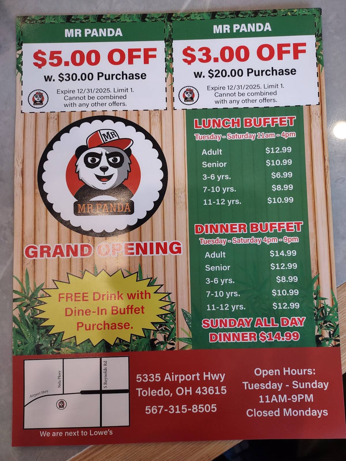 Menu at Mr Panda Buffet restaurant, Toledo