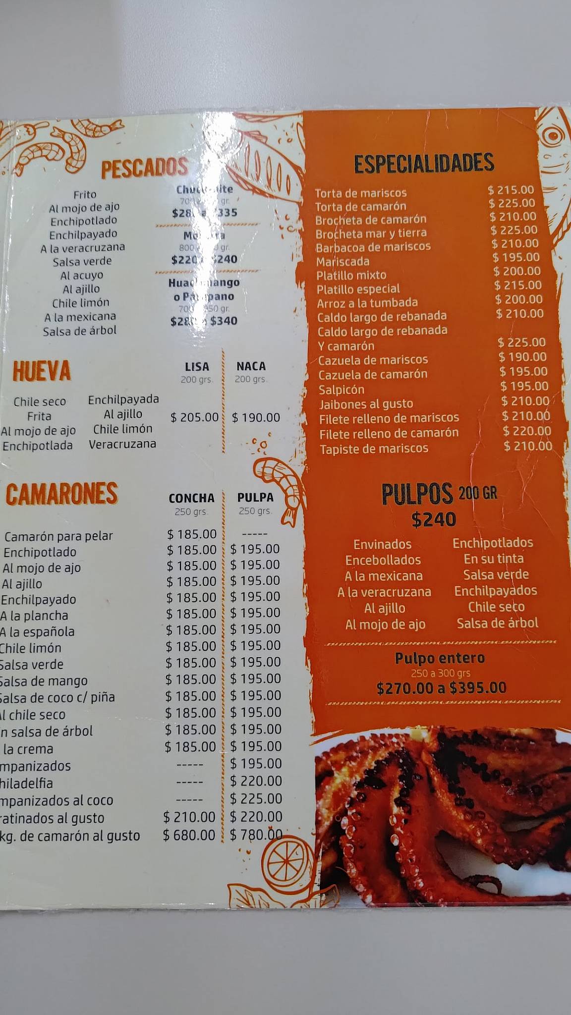 Menu at Mr. Pulpo restaurant, Xalapa