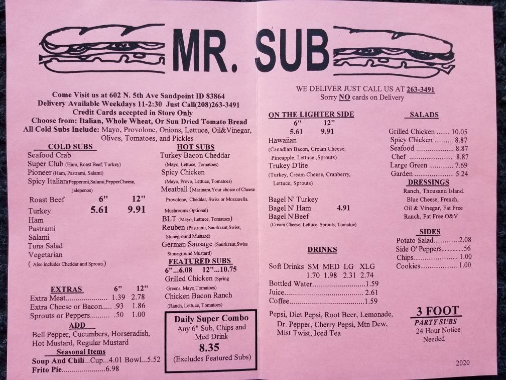 Menu at Mr. Sub restaurant, Sandpoint