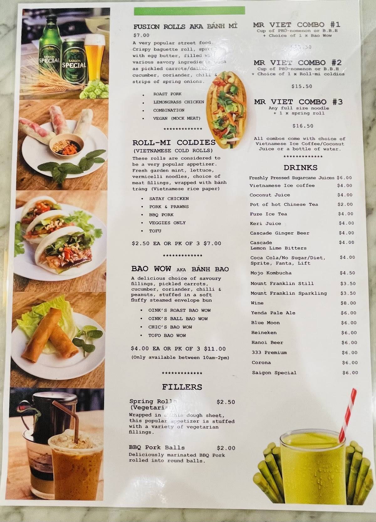 Menu at Mr Viet restaurant, Adelaide, 8/20 James Pl