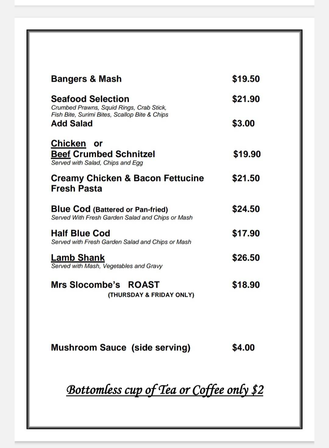 Menu at Mrs Slocombe's Kitchen and Catering pub & bar, Invercargill