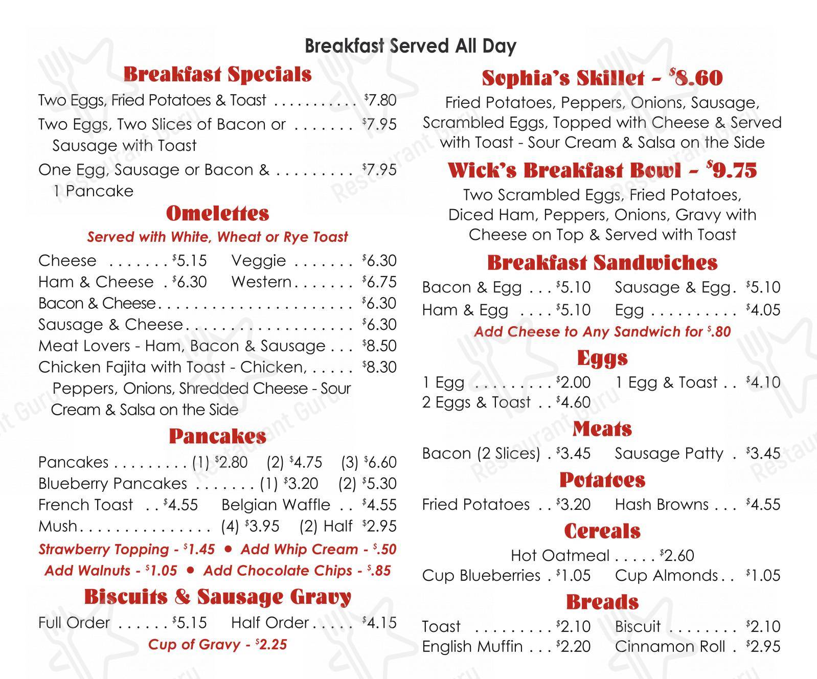 Menu at Mrs. Wick's Restaurant & Pie Shop, Winchester