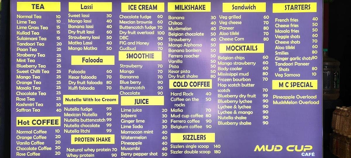 Menu at Mud Cup Cafe, Bengaluru