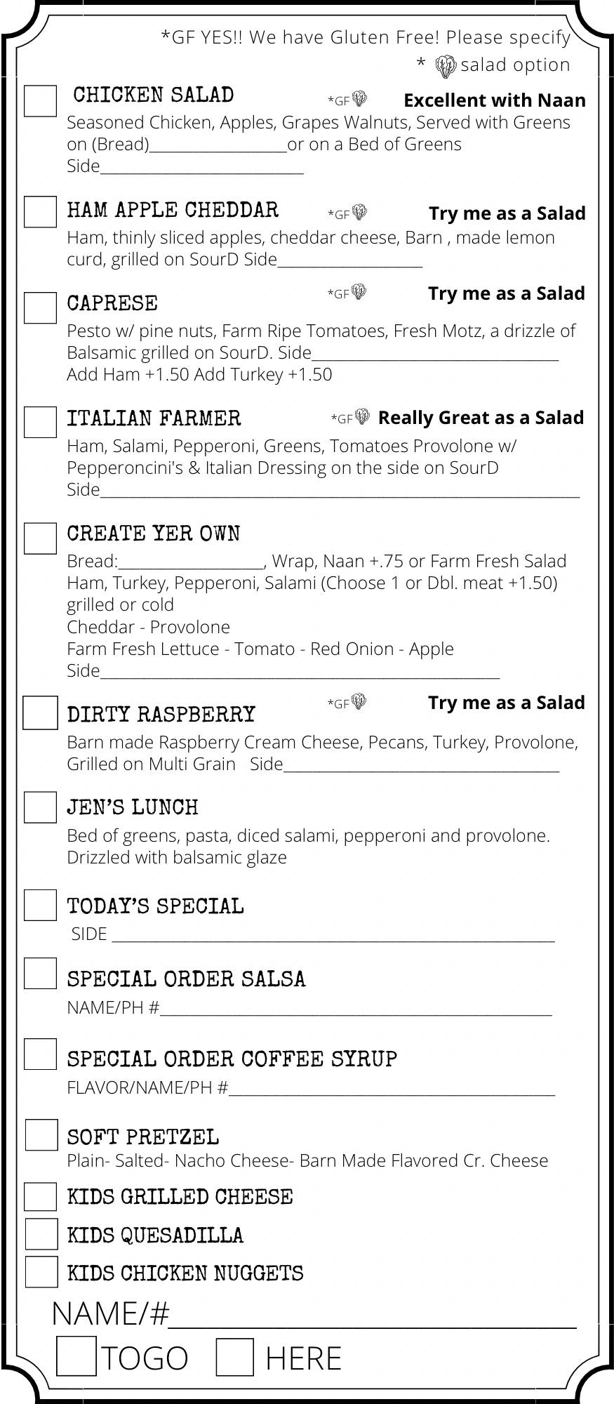Menu at Mud N Grub at Dirty Girl's Nursery cafe, Crossville