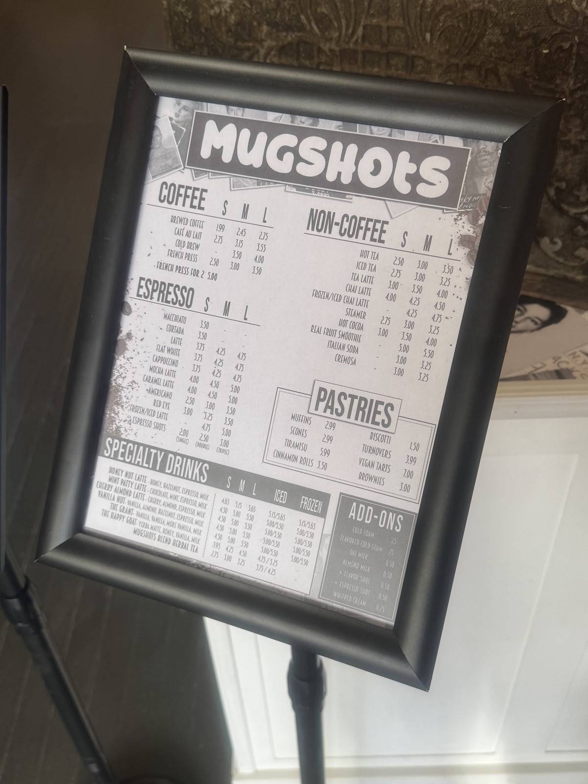 Menu at Mugshots, Moundsville