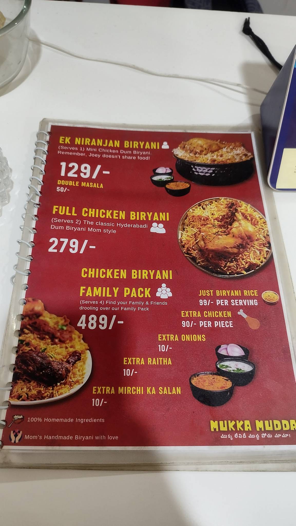 Menu at Mukka Mudda, Hyderabad