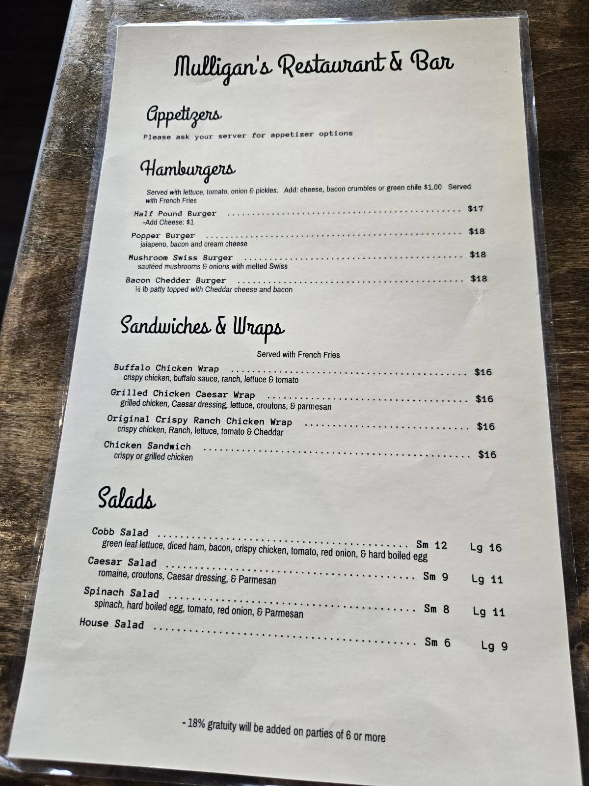 Menu at Mulligan's Restaurant & Bar, Raton
