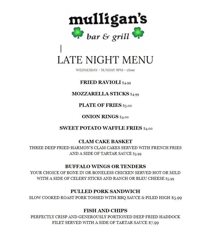 Menu at Mulligan's restaurant, Biddeford